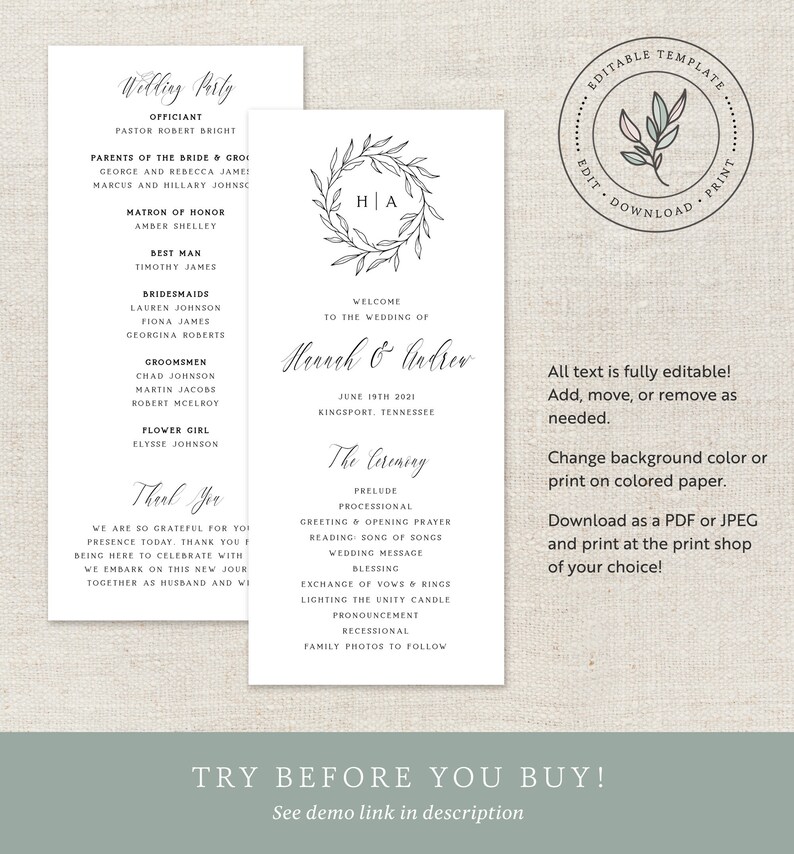 Rustic Wedding Program Template Ceremony Program Order of - Etsy