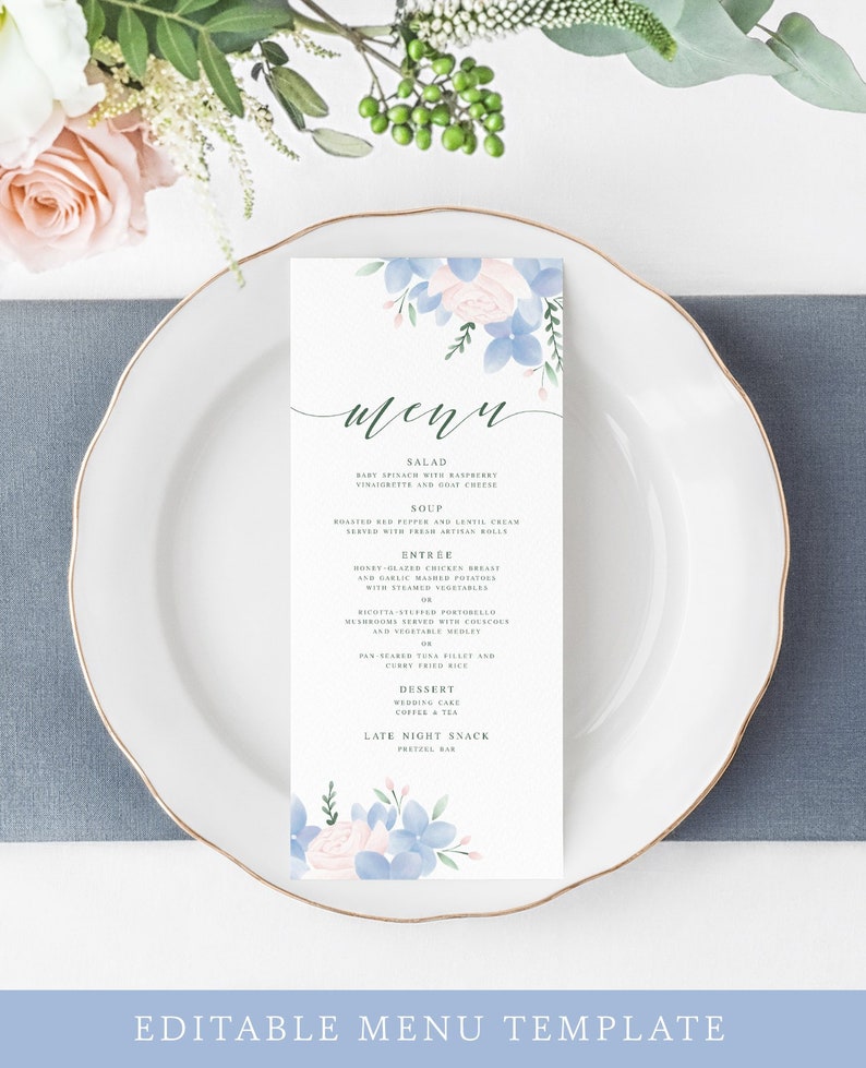 Wedding Menu Cards Elegant Wedding Menu Template With Dusty | Etsy