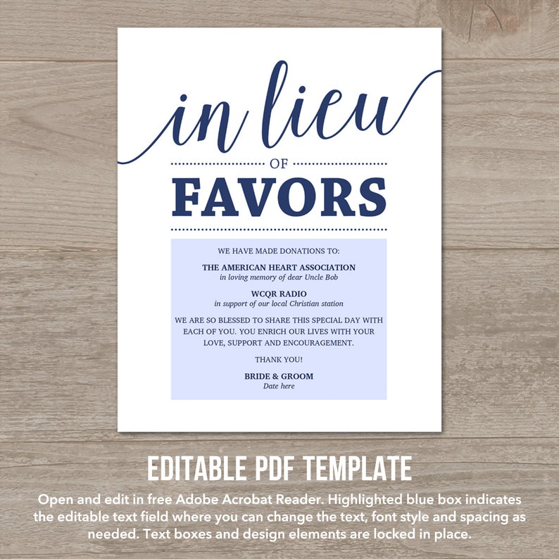 In Lieu of Favors Sign Navy Wedding Signs Printable Donation | Etsy