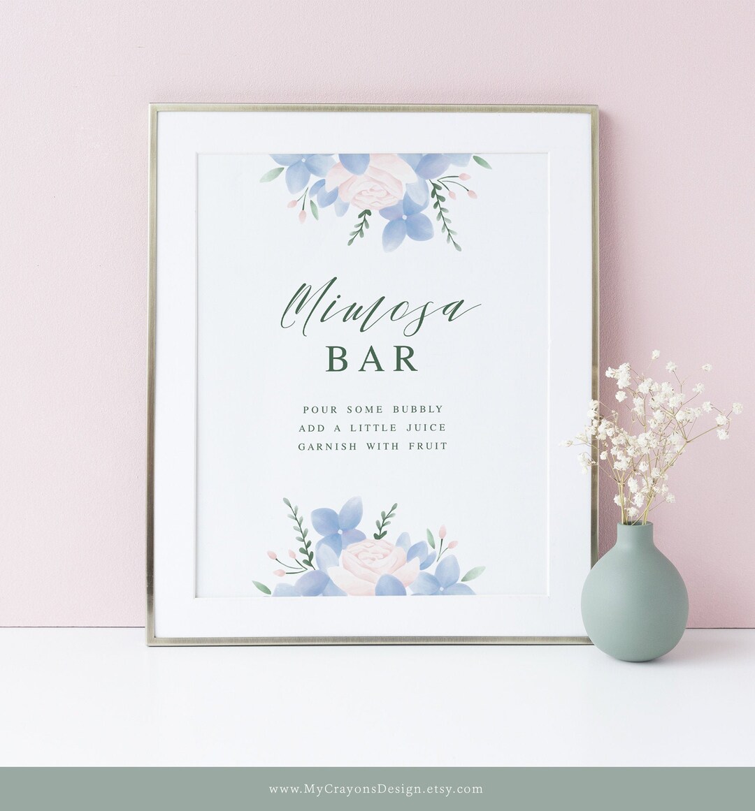 Mimosa Bar Sign and Tags Printable, Mimosa Bar Tags, Dusty Blue Bridal ...
