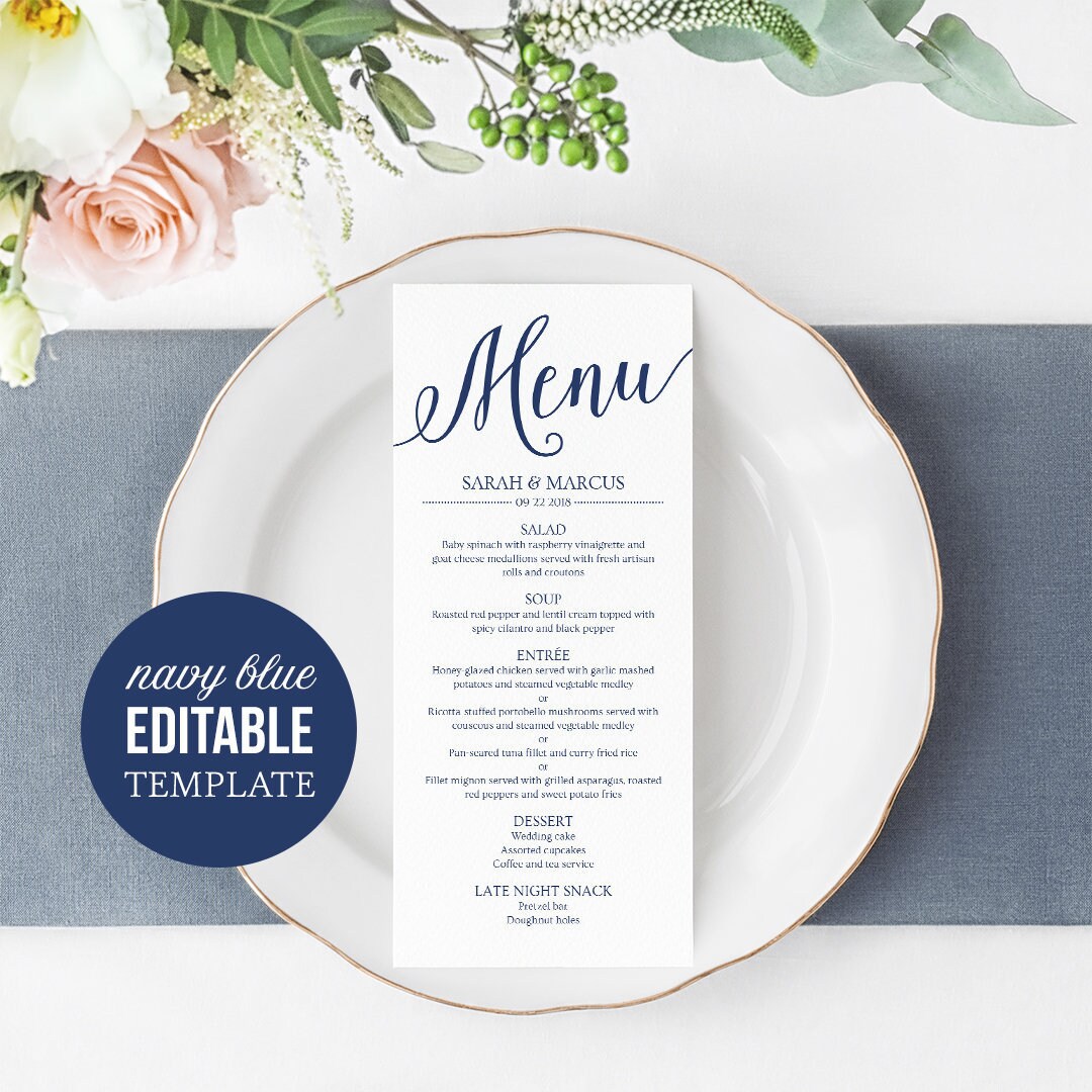 Printable Wedding Menu Navy Menu Card / Navy Wedding Menu Template ...