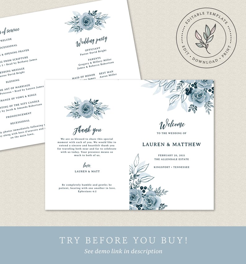 Dusty Blue Wedding Program Template Folded Wedding Ceremony - Etsy