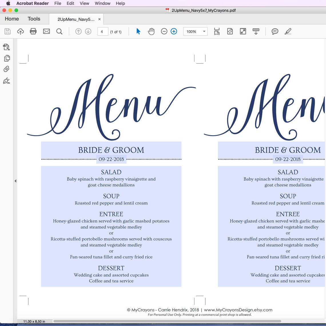 Printable Wedding Menu Navy Menu Card / Navy Wedding Menu - Etsy
