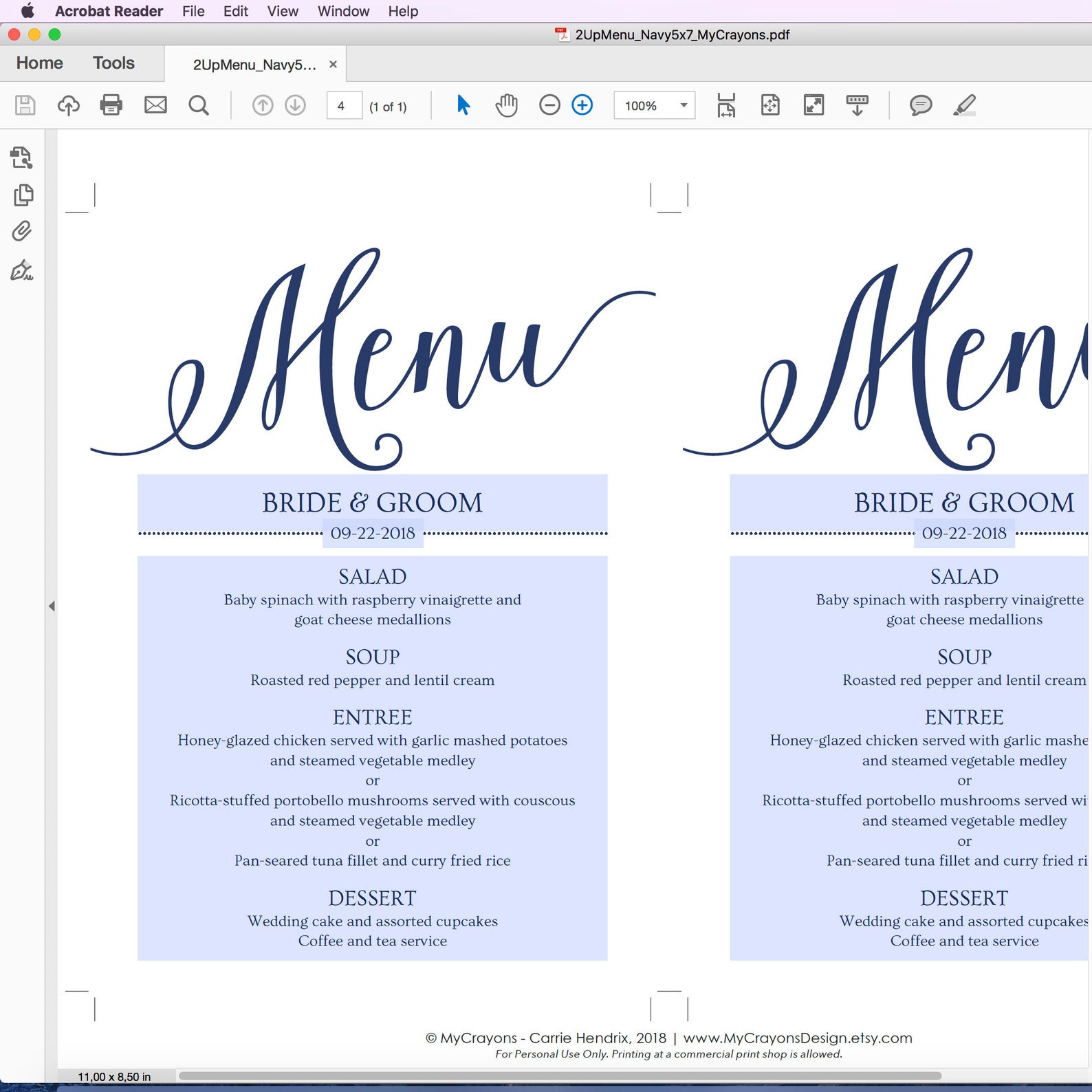 Printable Wedding Menu Navy Menu Card / Navy Wedding Menu - Etsy