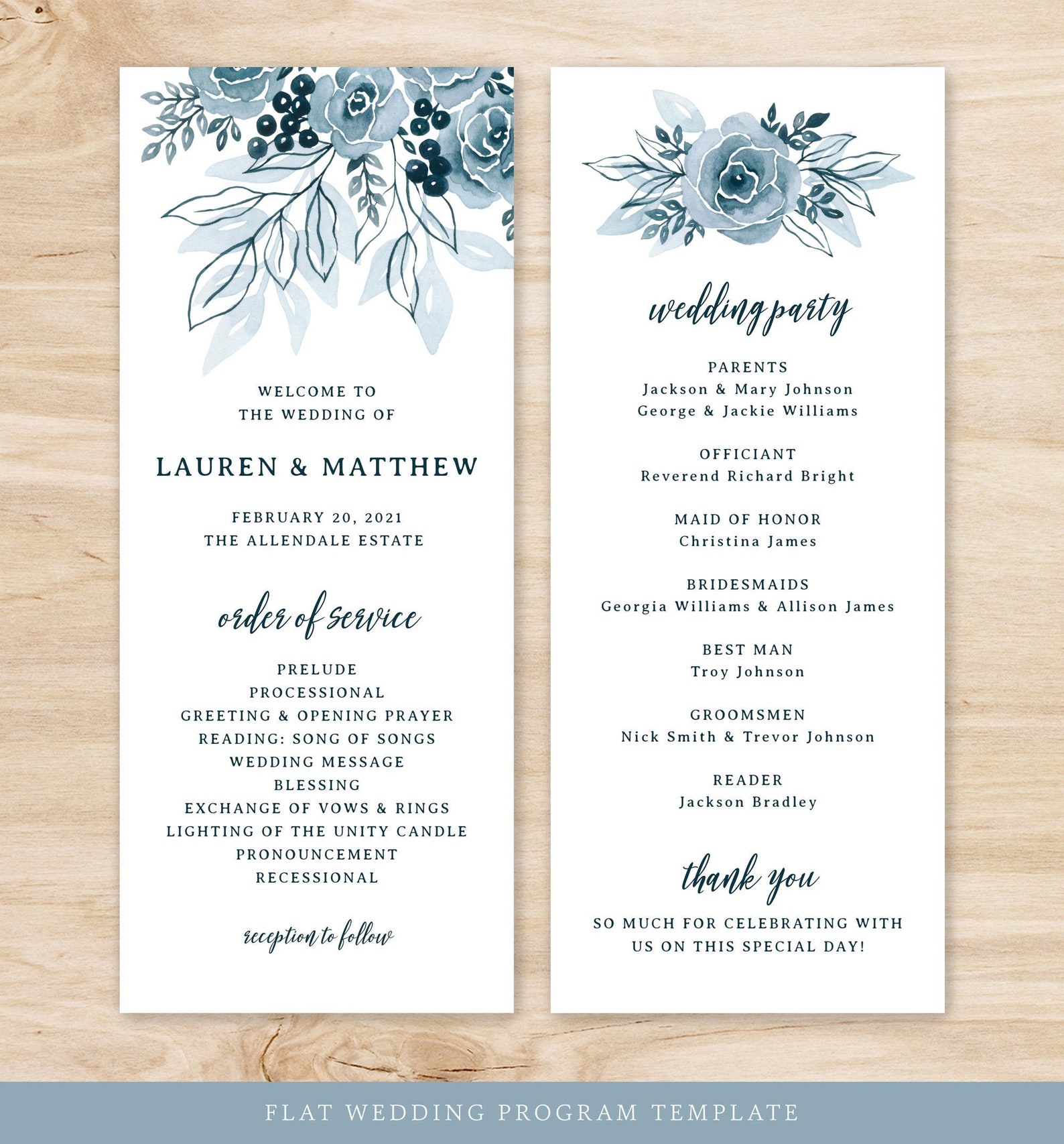 Dusty Blue Wedding Program Template Flat Wedding Ceremony | Etsy