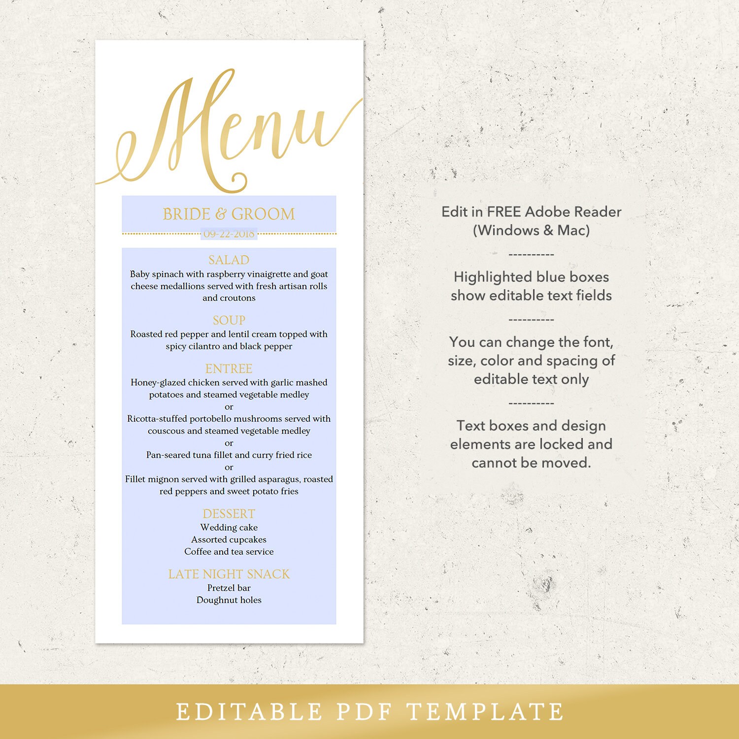 Gold Wedding Menu Template Download / Printable Wedding Menu | Etsy