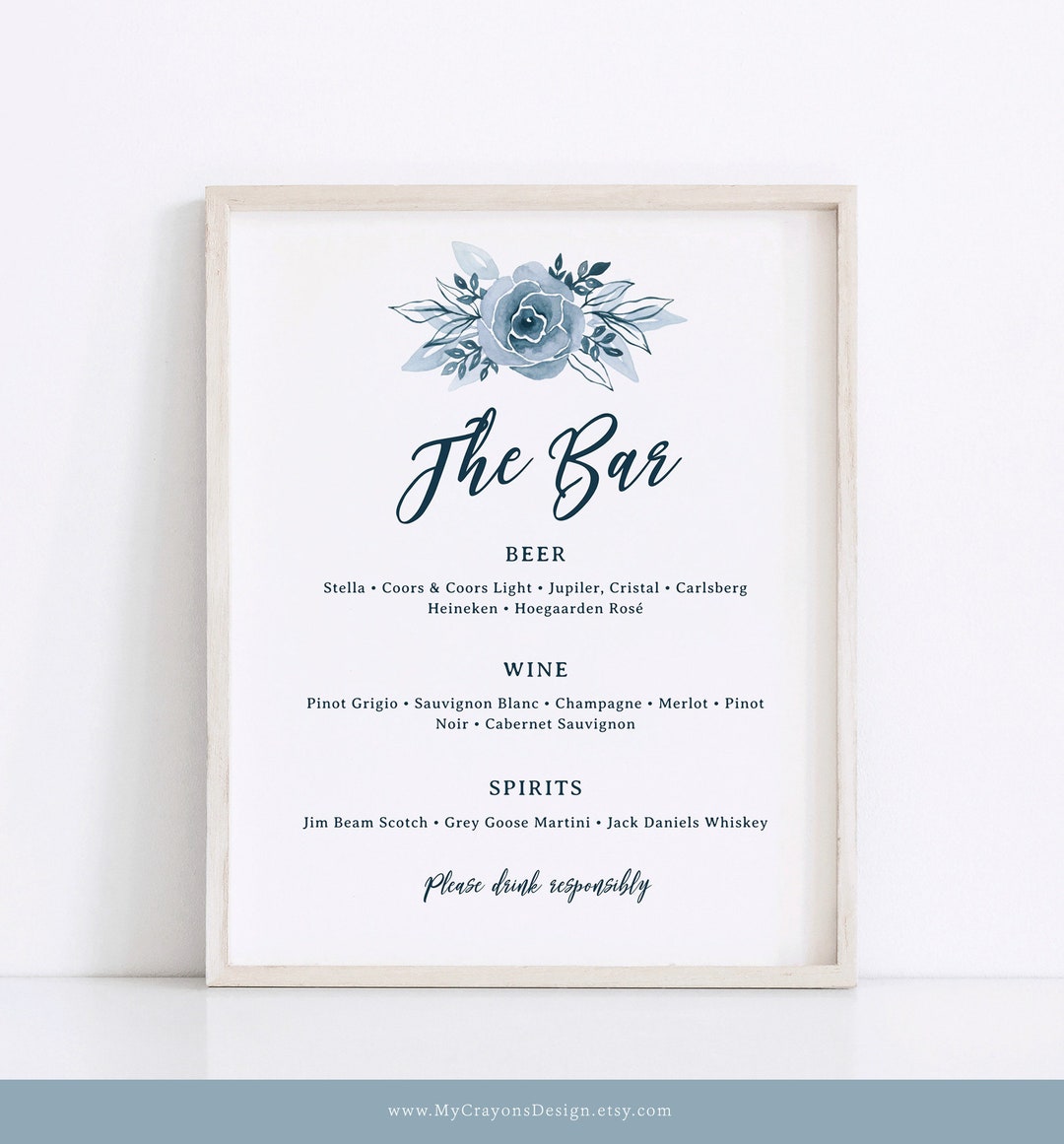Wedding Bar Menu Template, Drink Menu Sign, Dusty Blue, Editable Bar ...