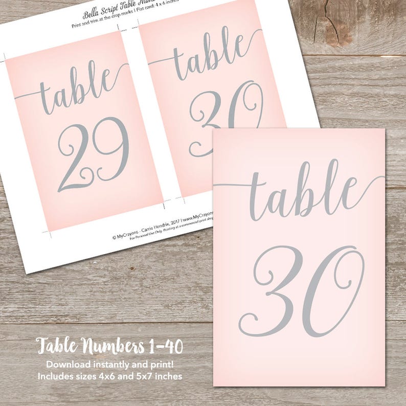 Blush Gray Wedding Table Numbers 1-40 / Printable Table - Etsy