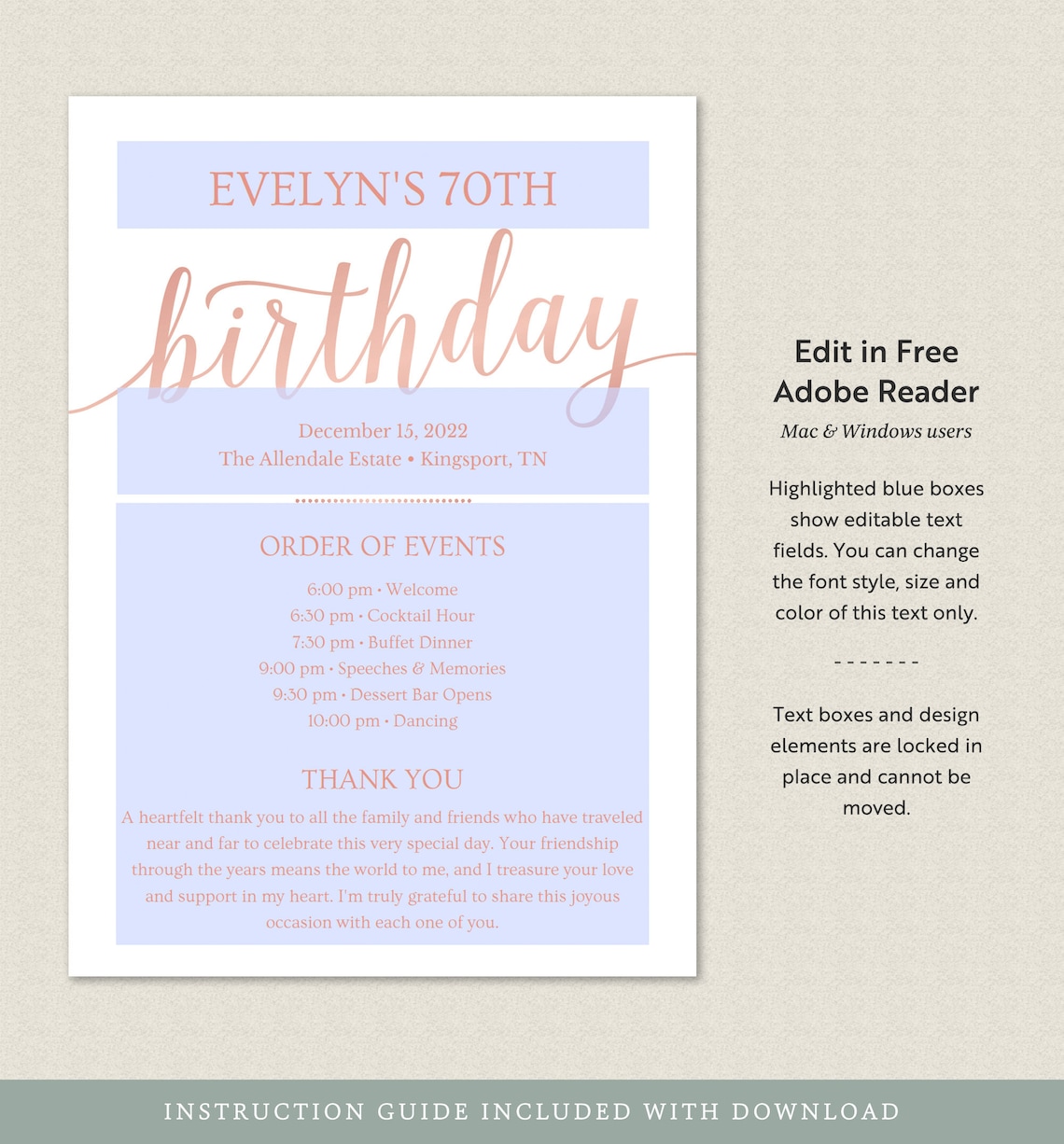 Birthday Program Template Rose Gold Birthday Party Editable - Etsy