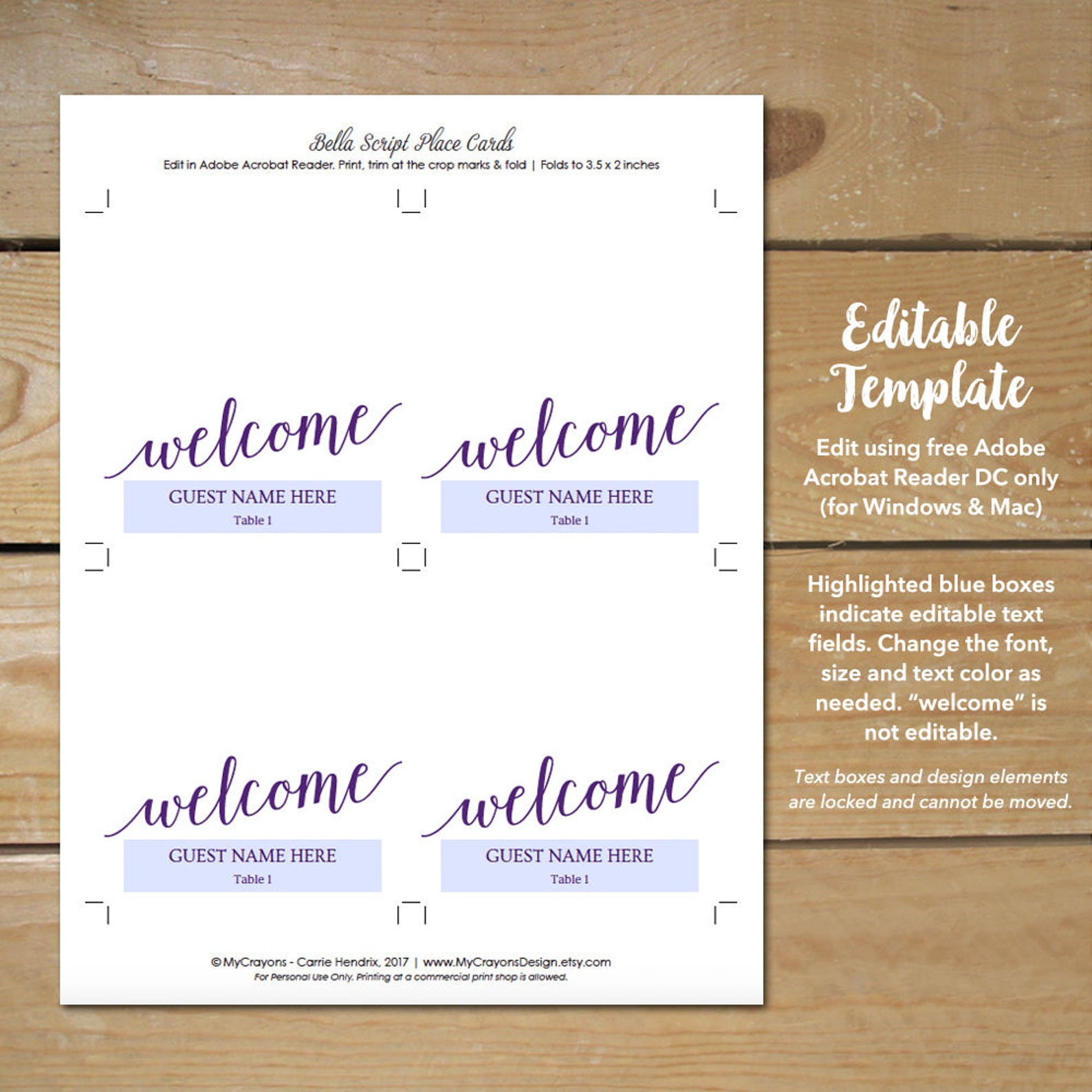 Purple Place Cards Template / Purple Wedding Name Cards / DIY - Etsy