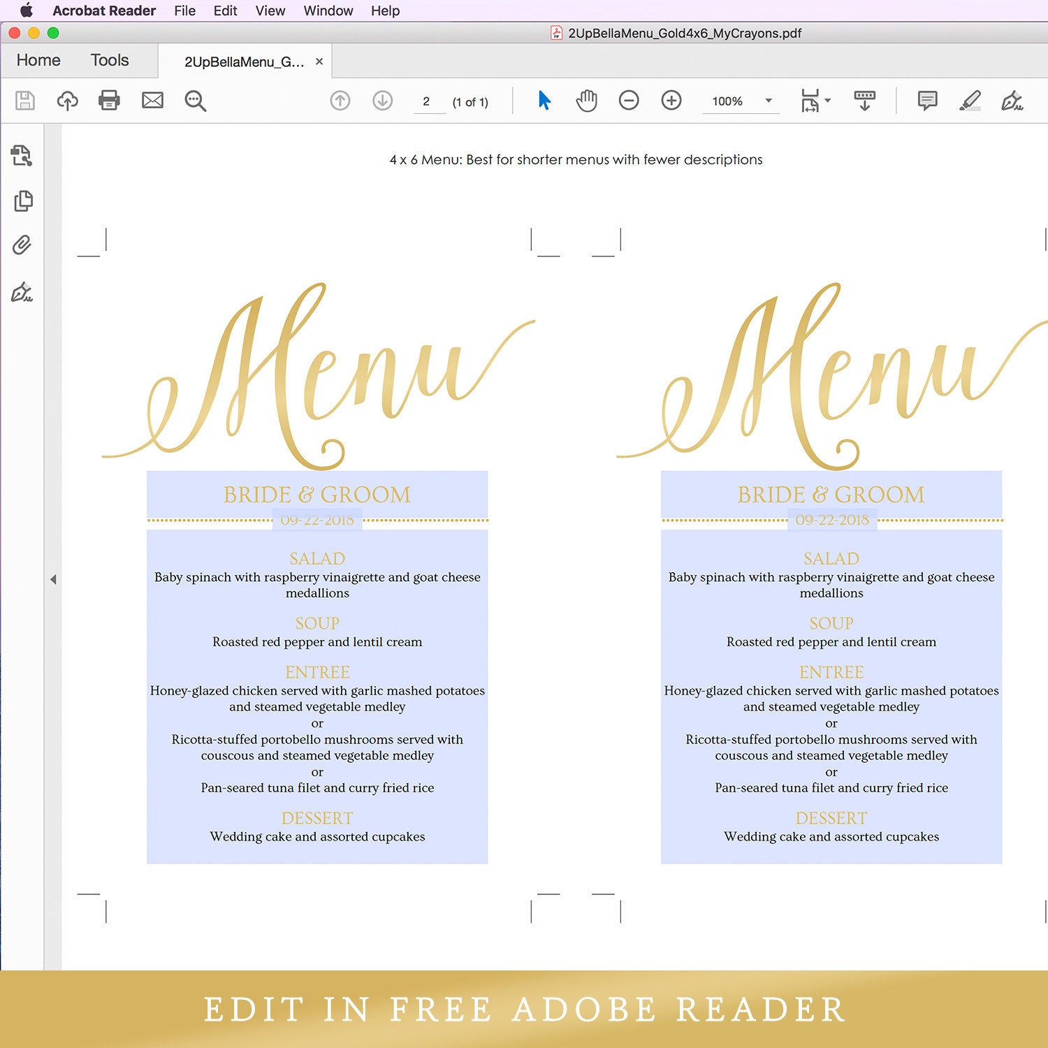 Gold Wedding Menu Template Download / Printable Wedding Menu | Etsy