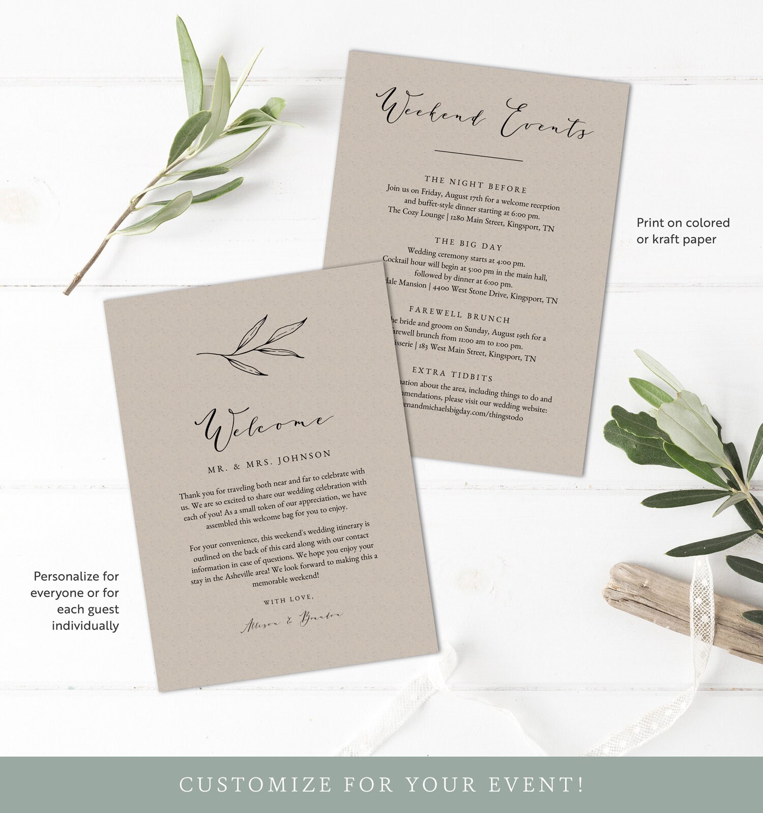 Rustic Wedding Itinerary Template Botanical Wedding Welcome | Etsy