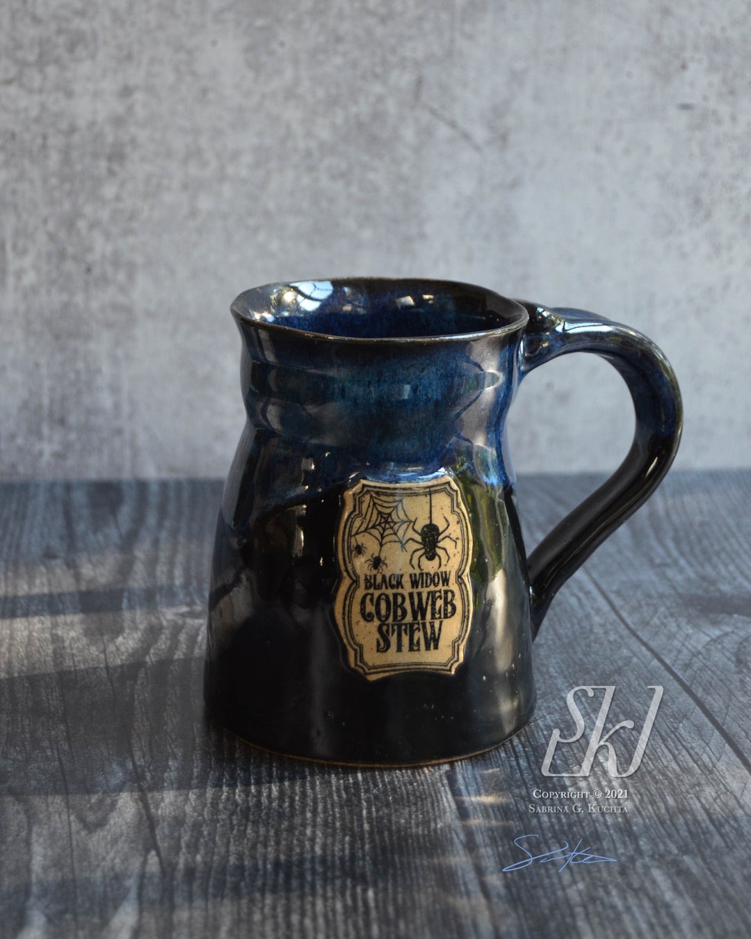 Hand Made Ceramic Coffee Mug Tea Cup Halloween Cobweb Stew Blue Black ...