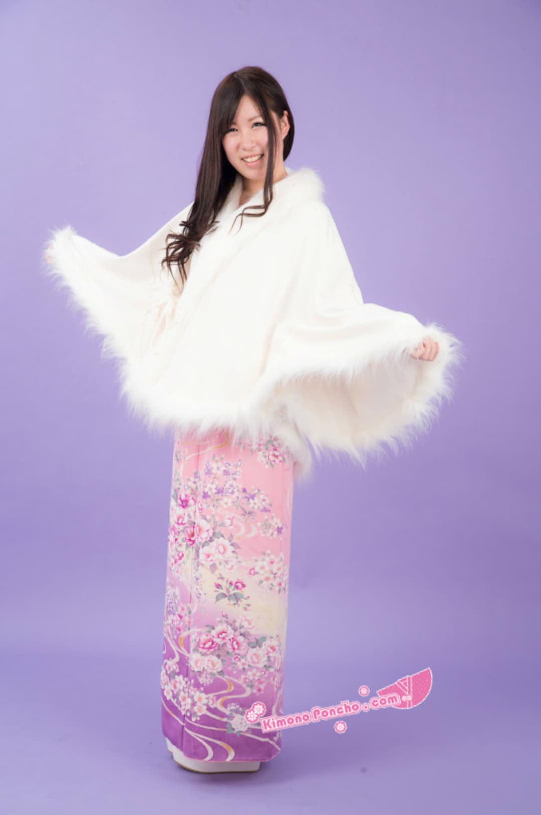 Pure White Kimono Poncho Collared and Fringed With Fake Fur All Hand ...