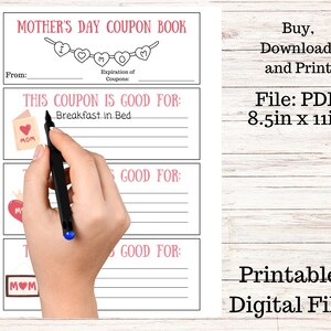 Mothers Day Coupon Book Printable, Kids Gift - Etsy