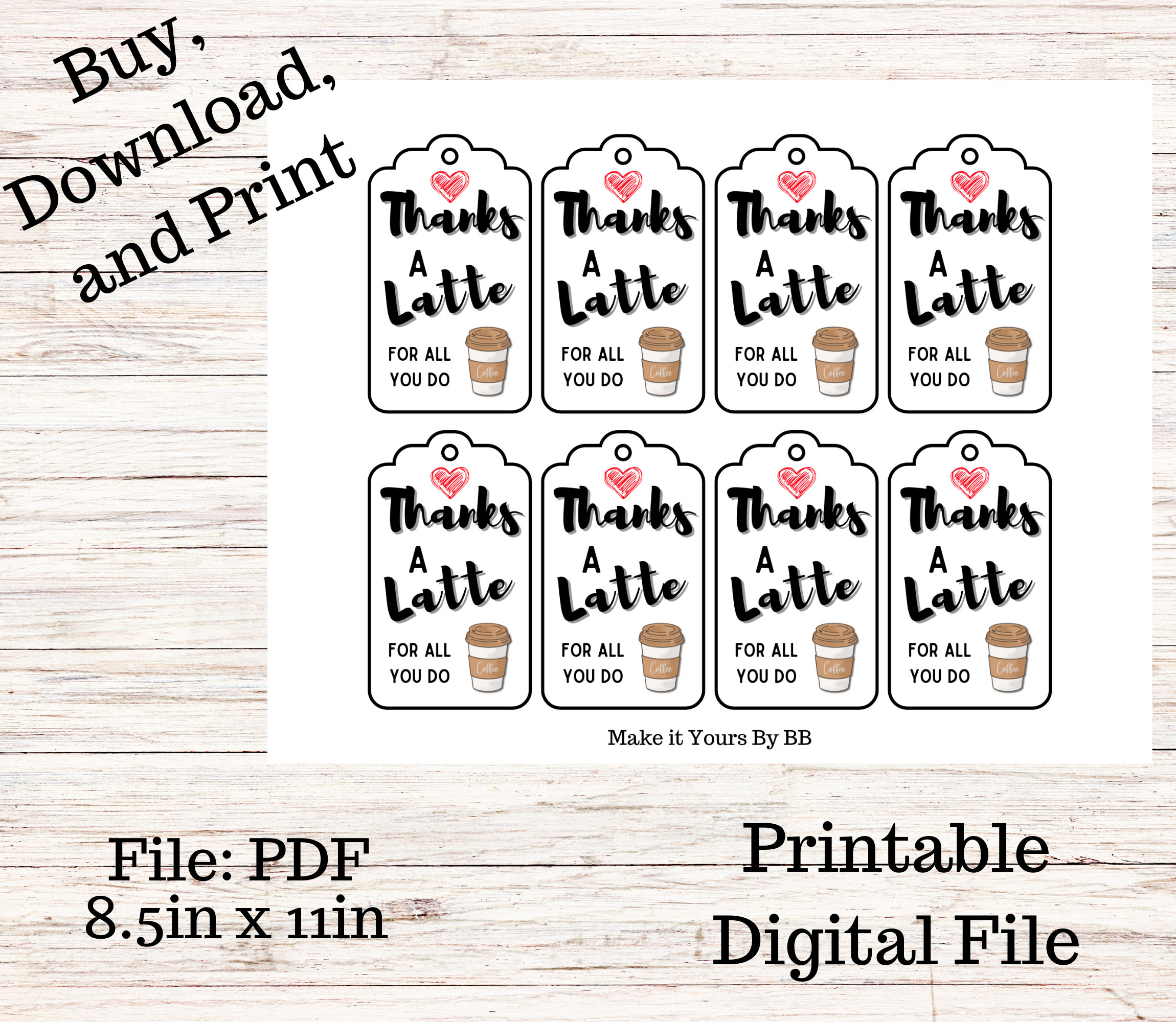 Thanks a Latte- Printable Tag, Thank You, Appreciation, Coffee - Etsy