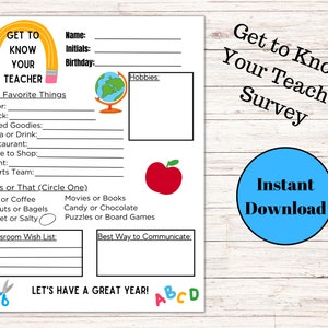 Get to Know Your Teacher Survey- Questionnaire, Back to School - Etsy