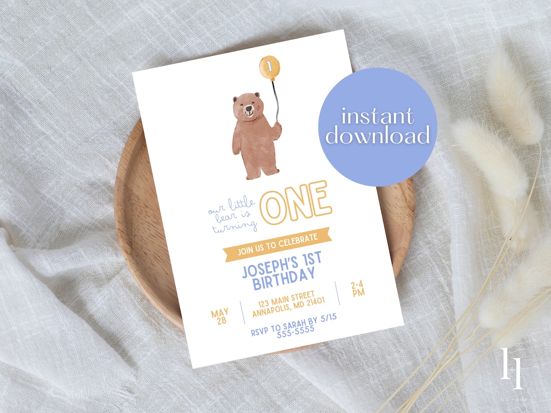 Printable First Birthday Party Invitation, Little Bear Birthday ...