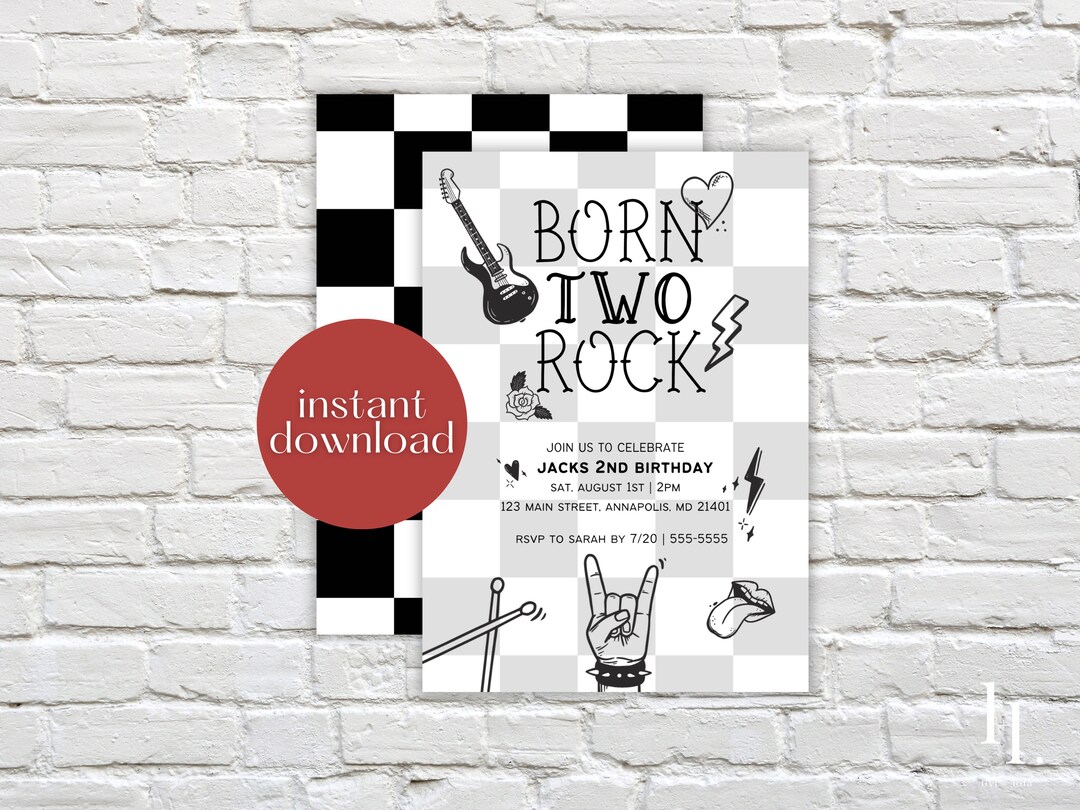 Printable Rock N Roll Birthday Party Invitation, Born Two Rock Birthday ...