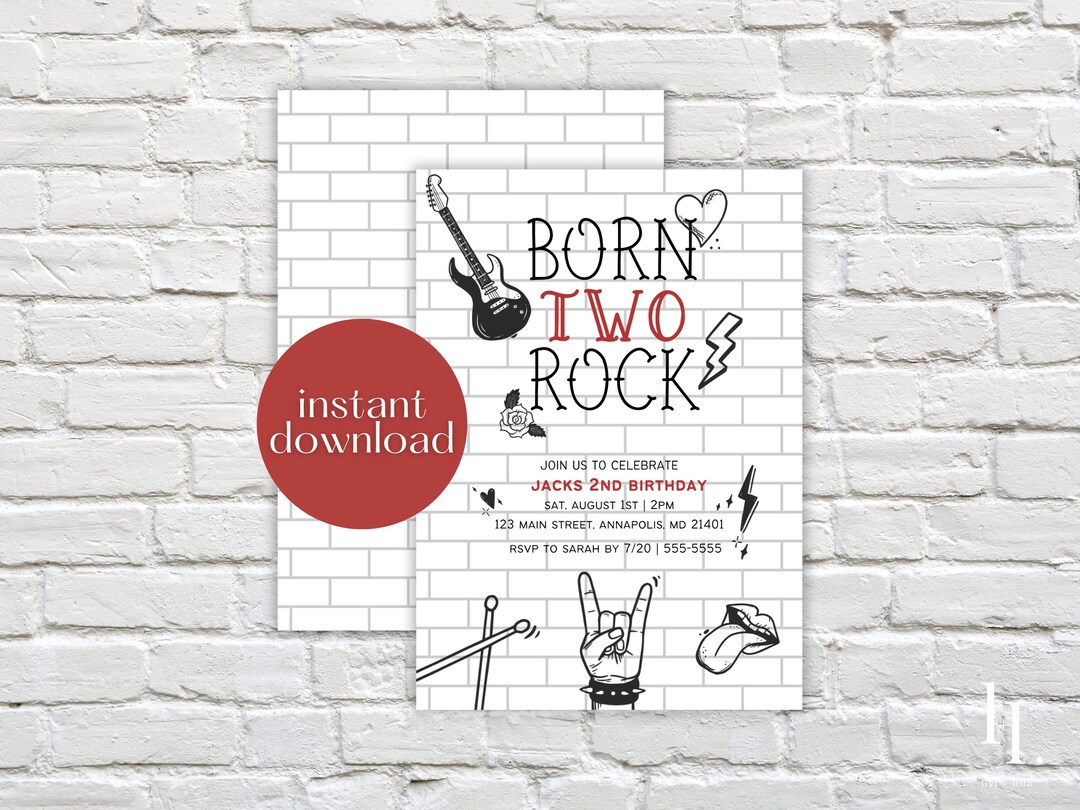 Printable Rock N Roll Birthday Party Invitation, Born Two Rock Birthday ...