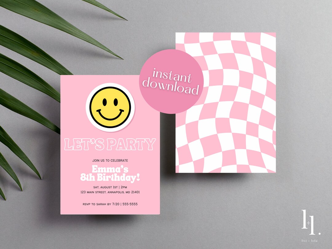 Printable Smiley Face Birthday Party Invitation, Girls Birthday Party ...