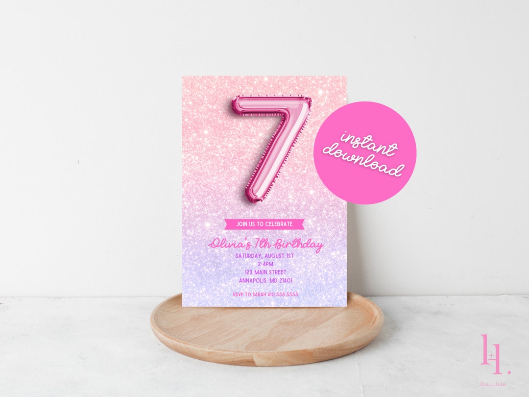 Editable Pink 7th Birthday Invitation, Template Glitter Birthday Party ...