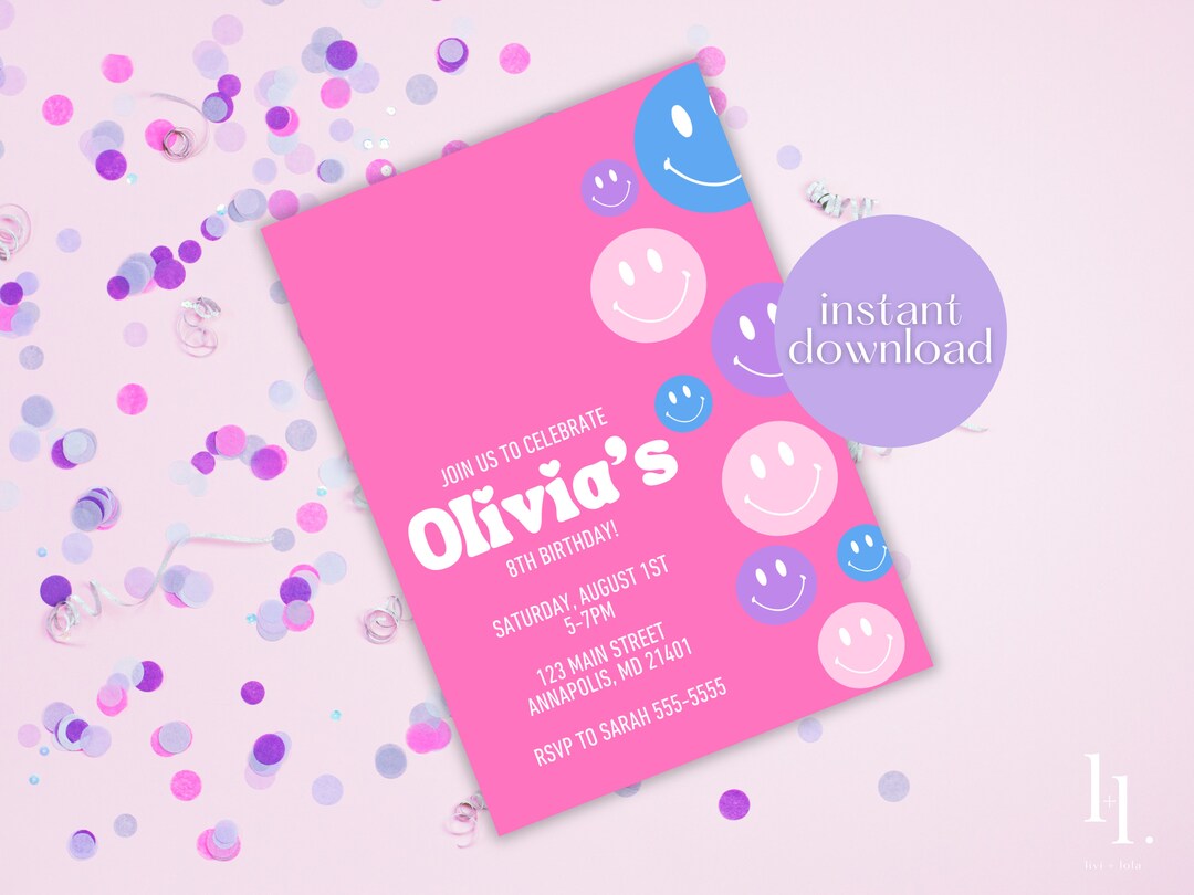 Printable Birthday Party Invitation, Smiley Face Birthday Invitation ...