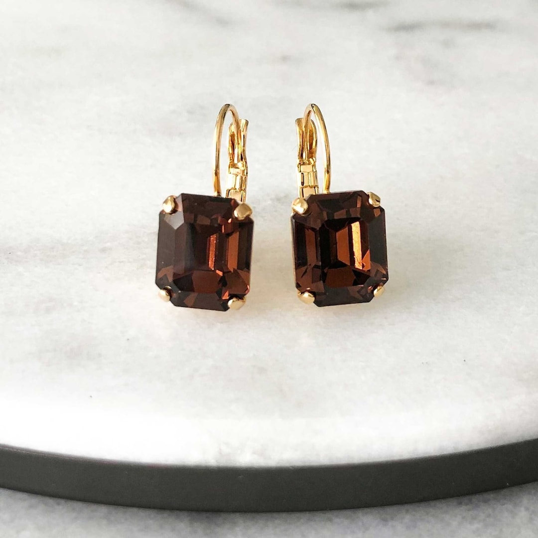 Brown Topaz Crystal Drop Earrings, Smokey Topaz Gold Crystal Drop ...