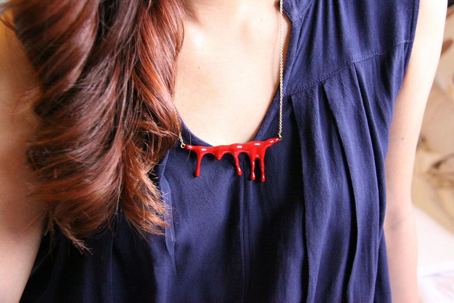 Bleeding Blood Necklace - Red Enamel Pendant With Brass Chain - Etsy