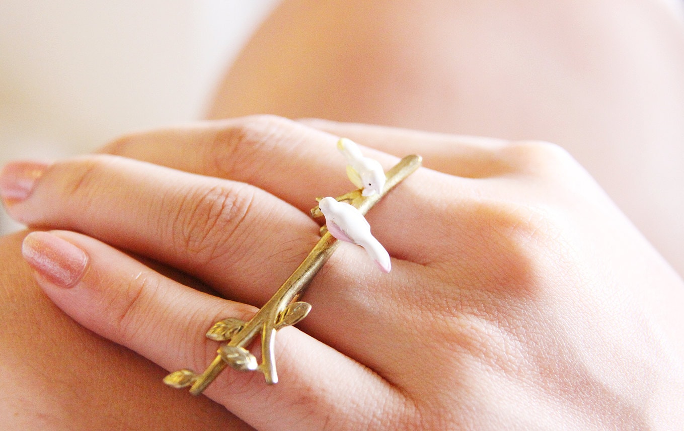 Two Little Birds on Golden Branch Double Ring - Etsy