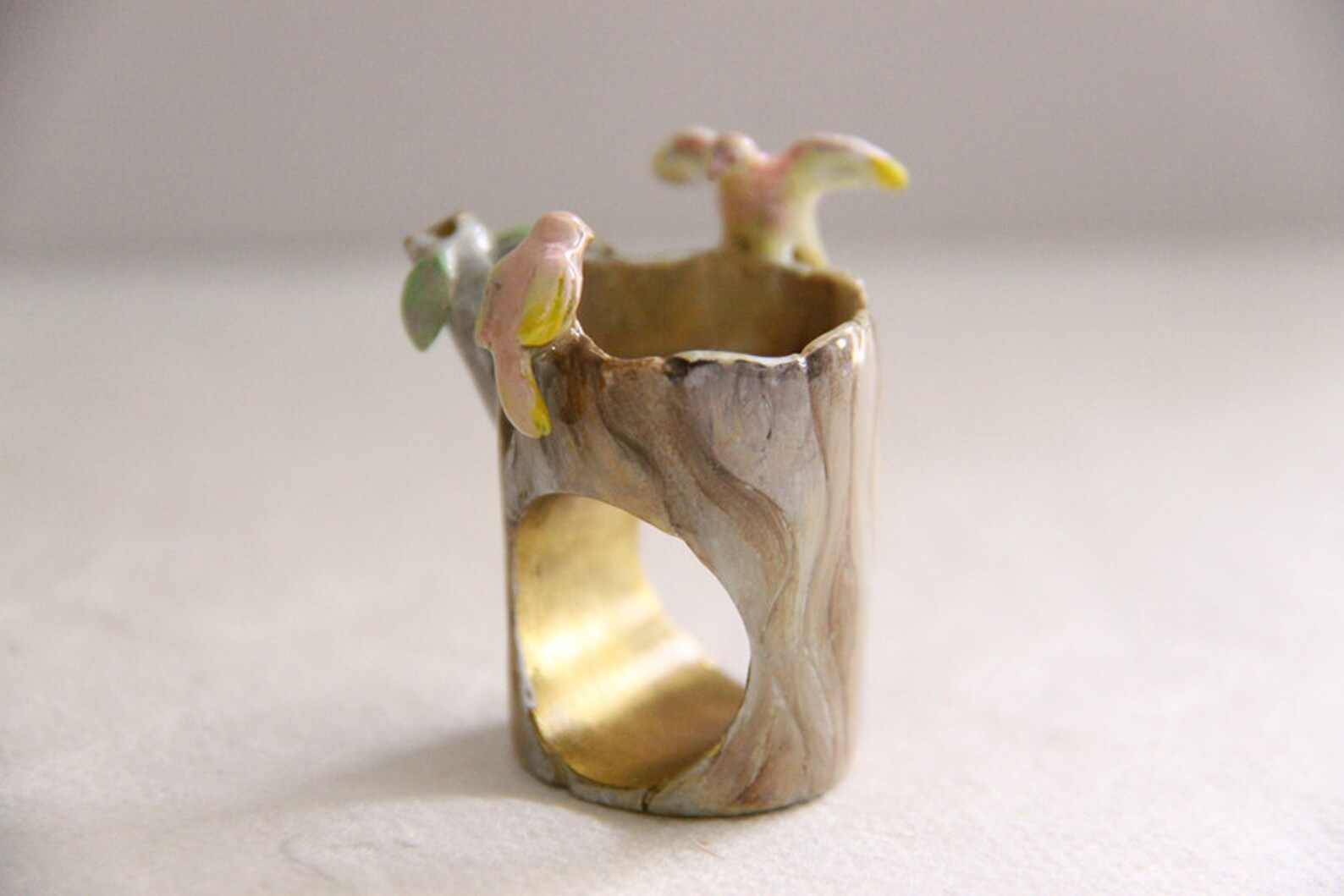 Colorful Birds on Stump Ring / Hand-painted Color / Cute Pretty Jewelry ...