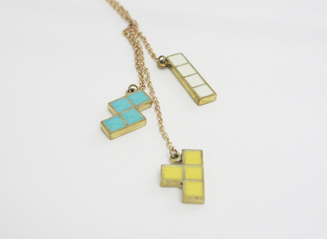 Tetris Set Pendant Necklace - Fashion Hipster Jewelry for Her - Brass ...