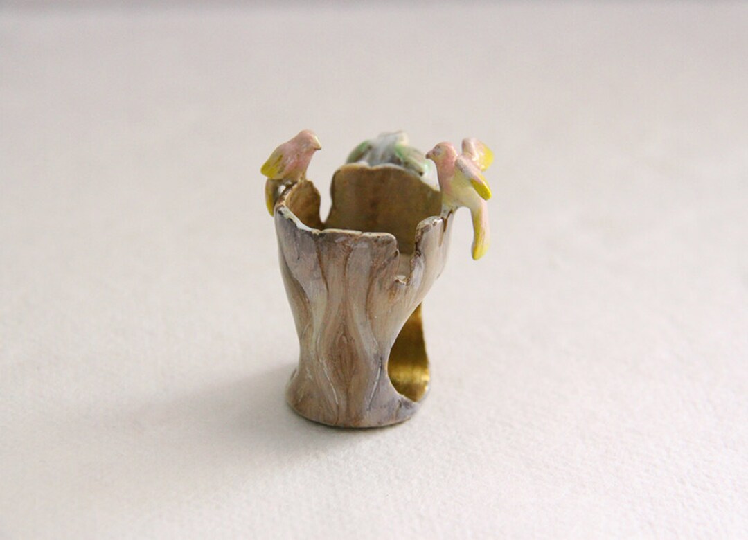 Colorful Birds on Stump Ring / Hand-painted Color / Cute Pretty Jewelry ...