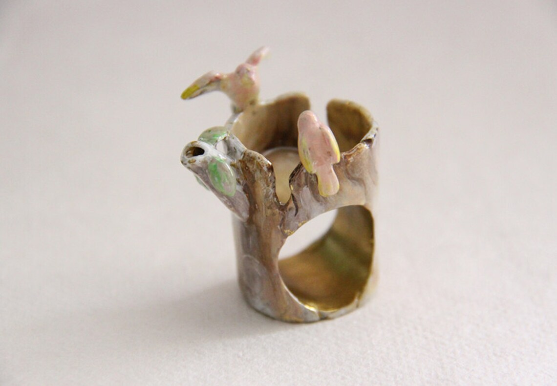 Colorful Birds on Stump Ring / Hand-painted Color / Cute Pretty Jewelry ...