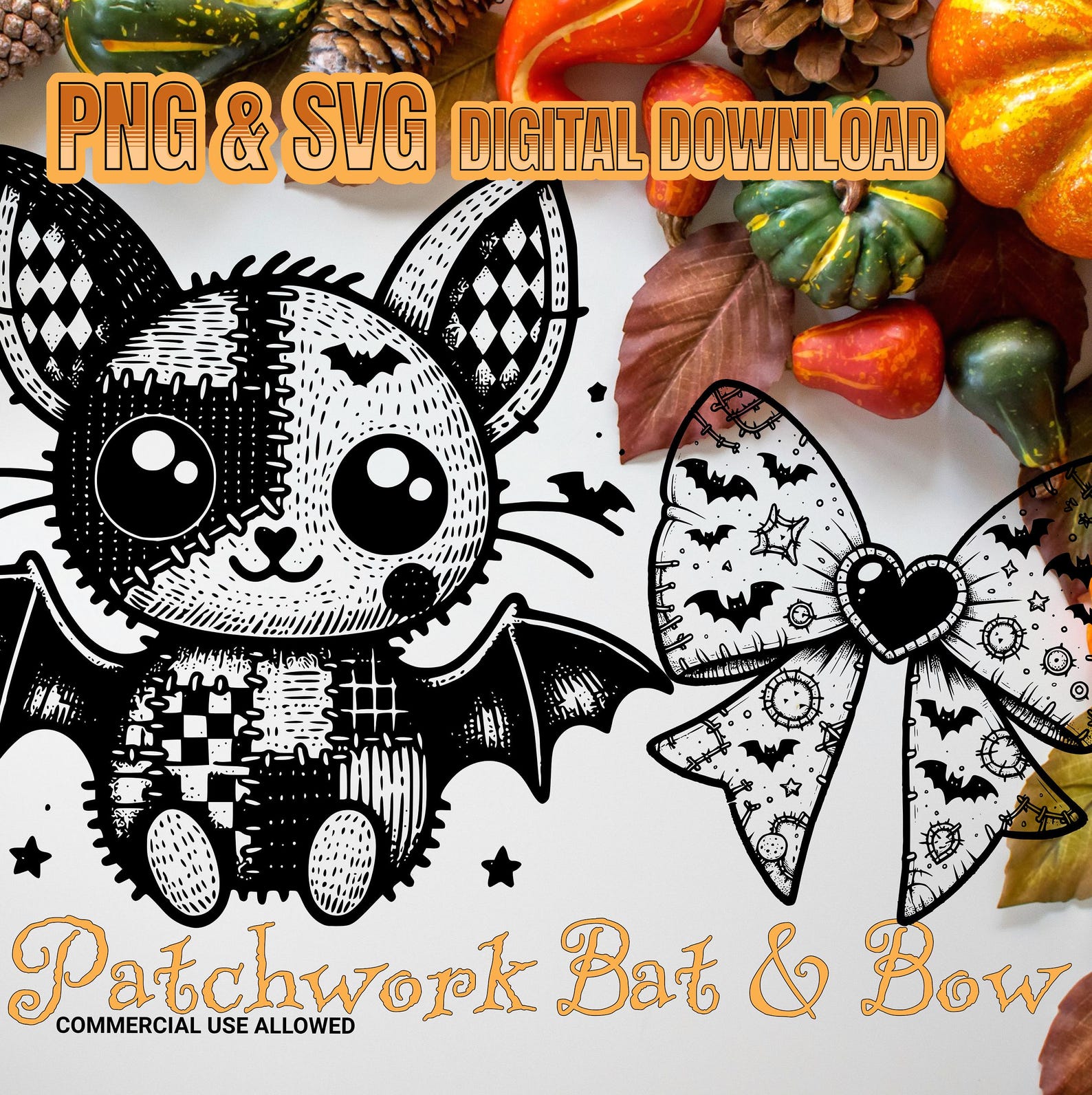 Spooky Patchwork Bat and Bow Clipart Set | SVG & PNG Digital Download ...