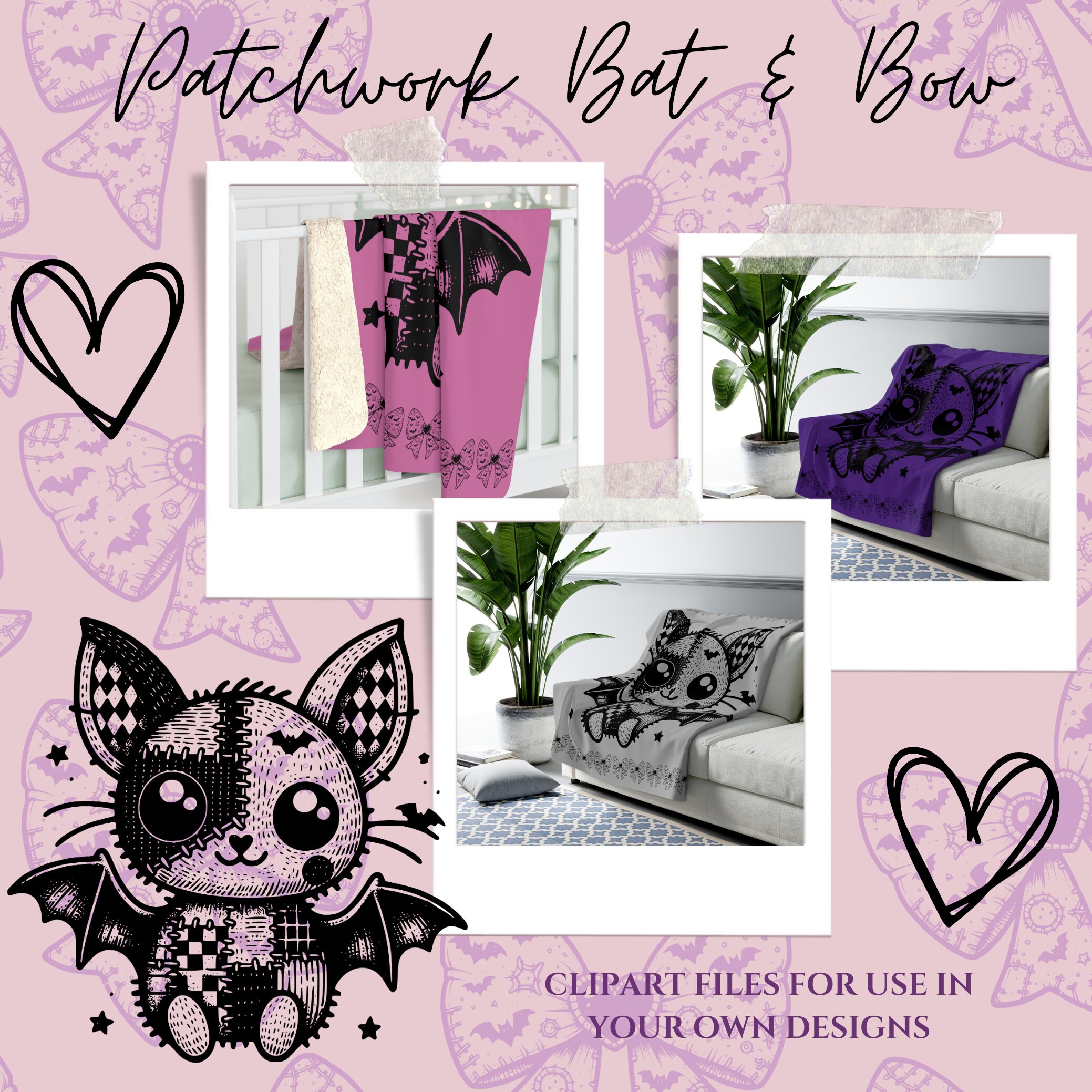 Spooky Patchwork Bat and Bow Clipart Set SVG & PNG Digital Download ...