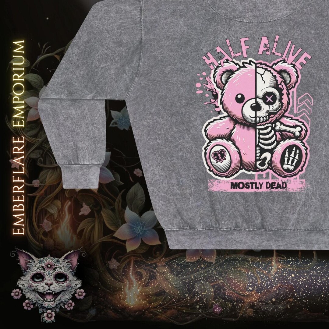 Half Alive Mostly Dead Zombie Teddy Bear Hoodie Light Pink and Black ...