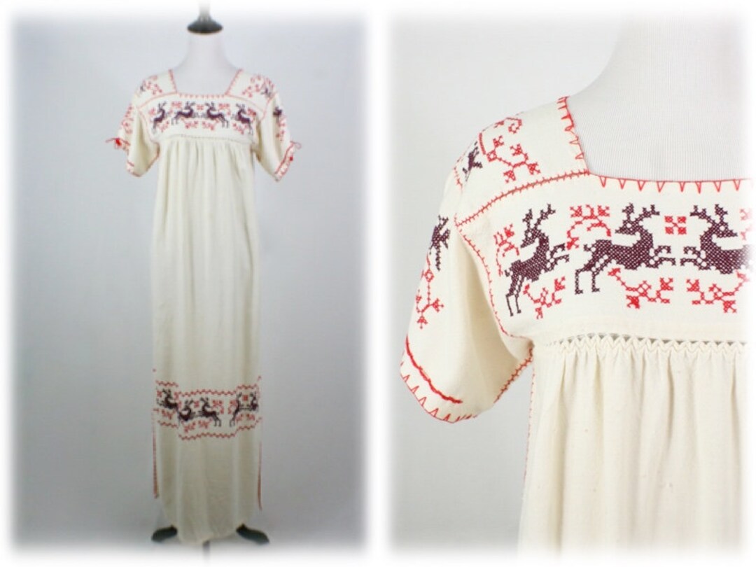 Vintage Dress Natural Cotton Cross Stitched Deer Mu Mu Dress - Etsy