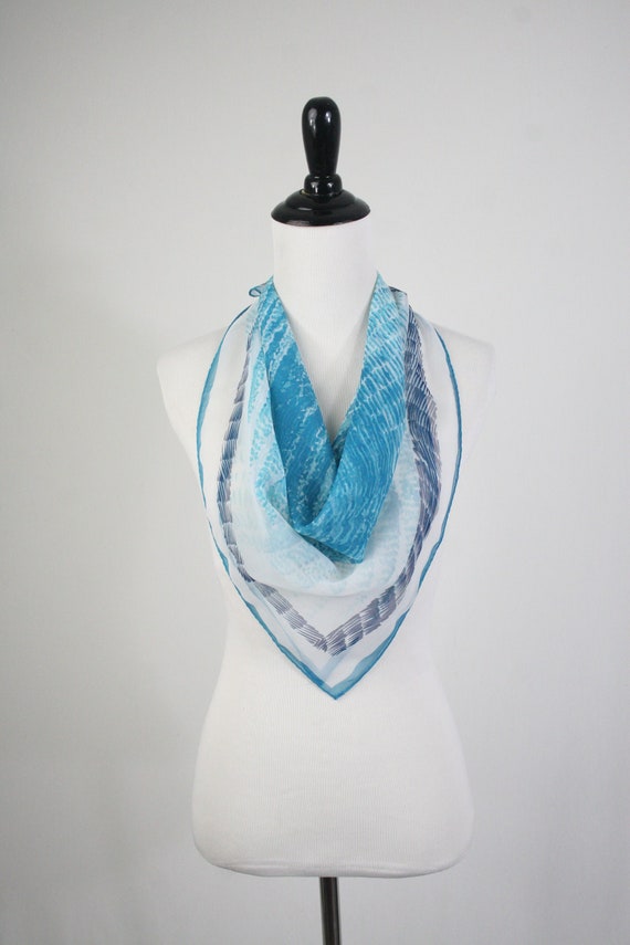 Vintage 1970s Scarf Square Teal Blue Sheer Scarf - Gem