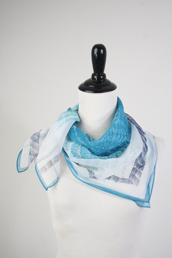Vintage 1970s Scarf Square Teal Blue Sheer Scarf - Gem