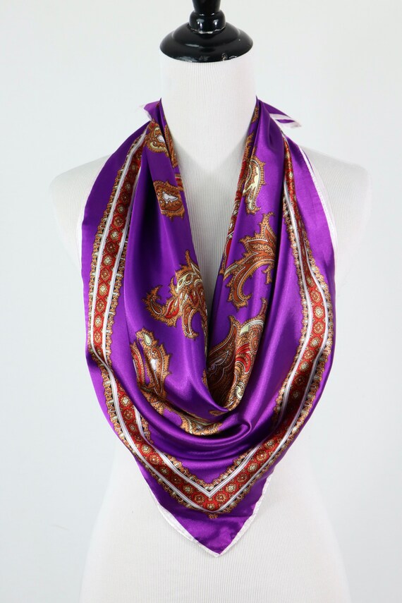 Vintage Scarf Acetate Satin Elaborate Print Purple Sq… - Gem