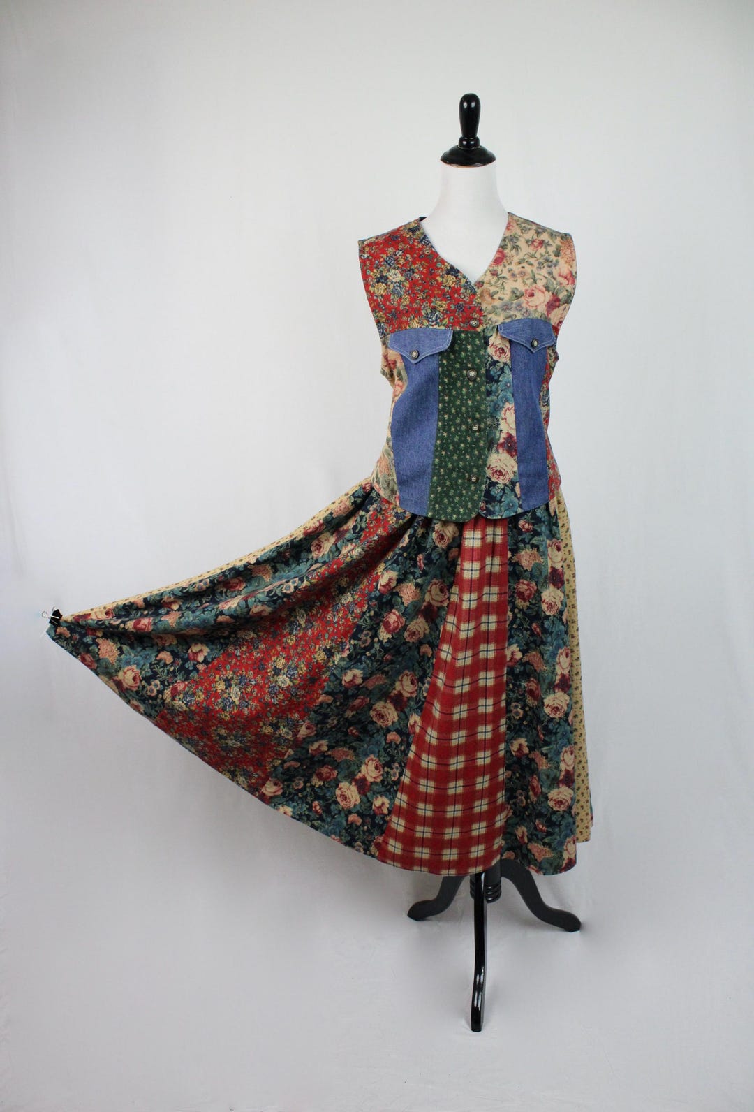 Vintage 1990s Skirt and Vest Set Denim and Flannel Mixed Pattern S.A ...