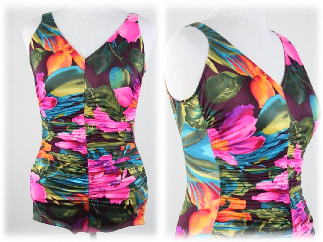 Vintage 1980s Swim Suit One Piece Ruched Front Tropical Print Roxanne ...