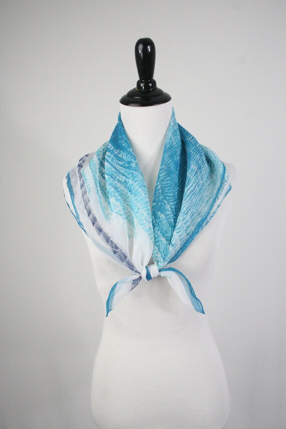 Vintage 1970s Scarf Square Teal Blue Sheer Scarf - Gem