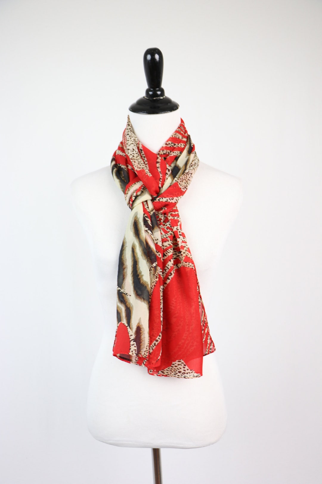 Vintage Scarf Oblong Red With Animal Print Large Scarf - Etsy