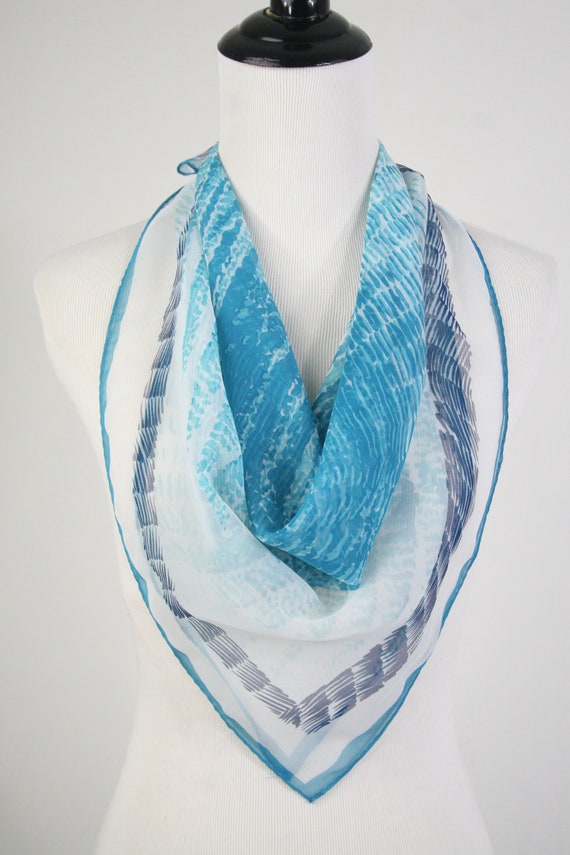 Vintage 1970s Scarf Square Teal Blue Sheer Scarf - Gem