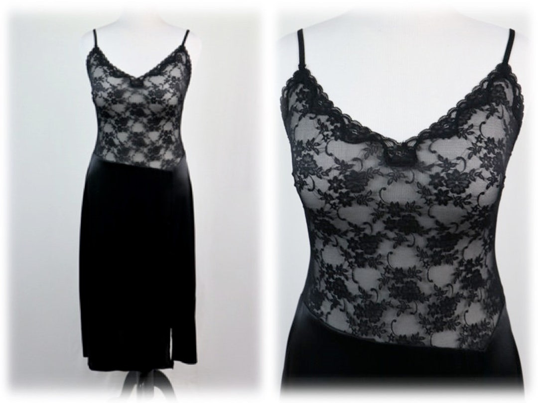Vintage Night Gown Black Stretch Lace Long Nightgown Medium - Etsy