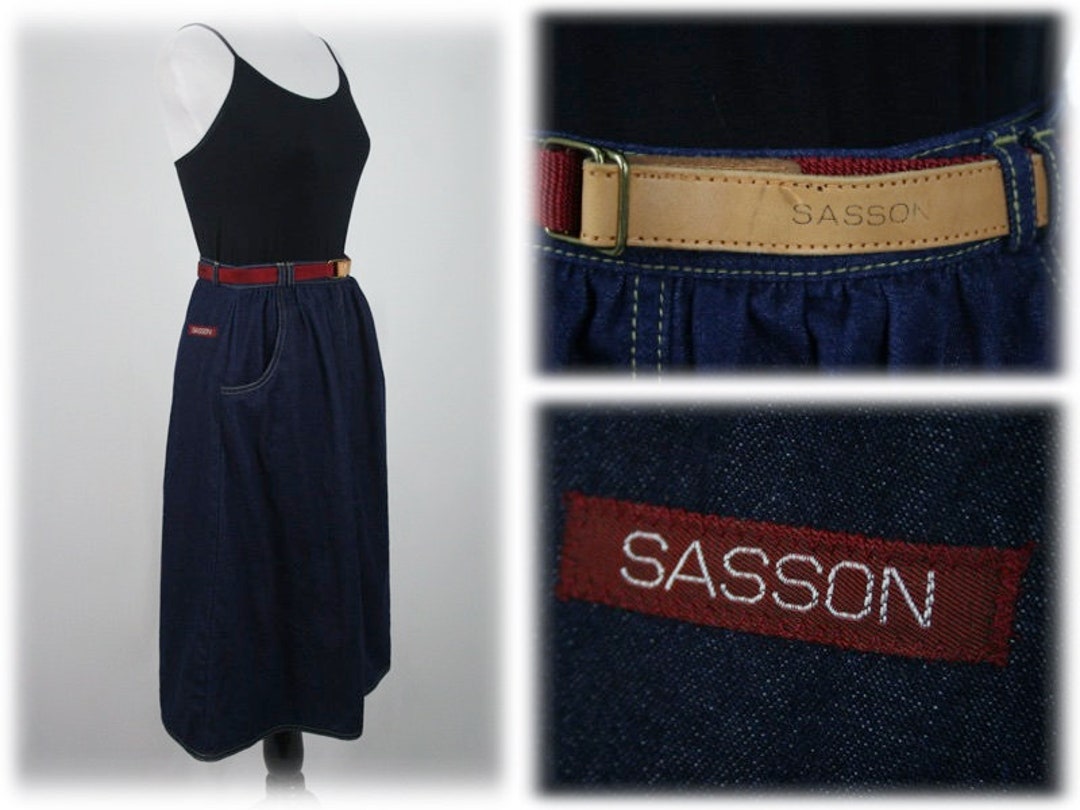 1980s Skirt Denim Sasson Pockets Logo Belt Skirt - Etsy