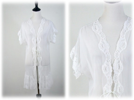 Vintage Robe White Sheer Chiffon Lace Short Robe Medium Etsy