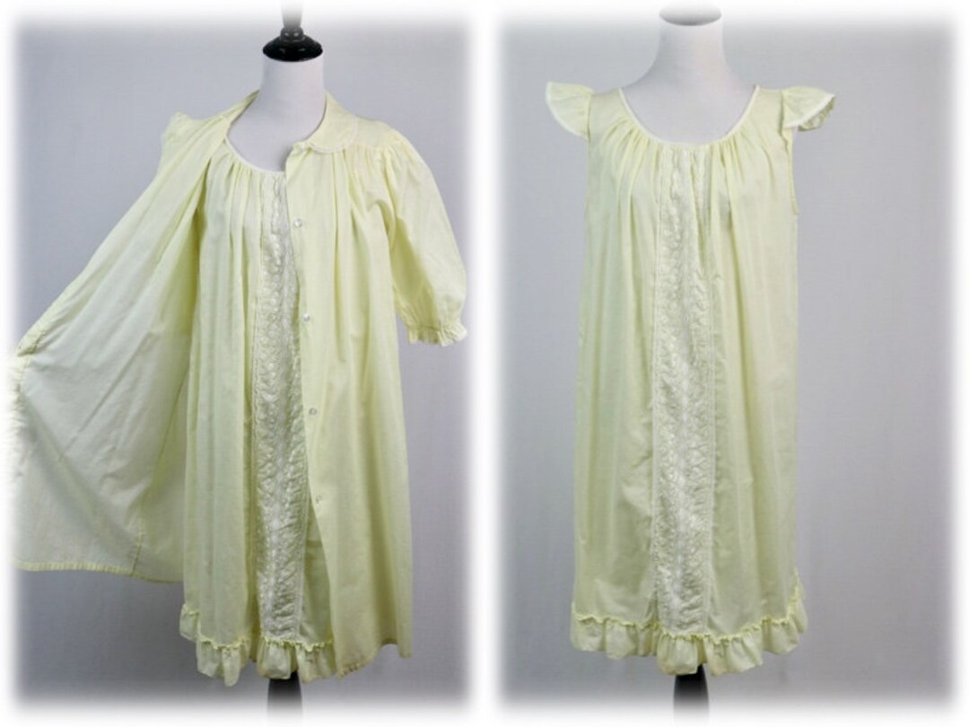 Vintage 1960s Peignoir Set Yellow Cotton Robe and Nightgown Set Small ...